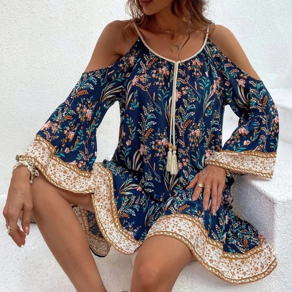 Bellanblue Dresses Boho Floral Print Cold Shoulder Mini Dress